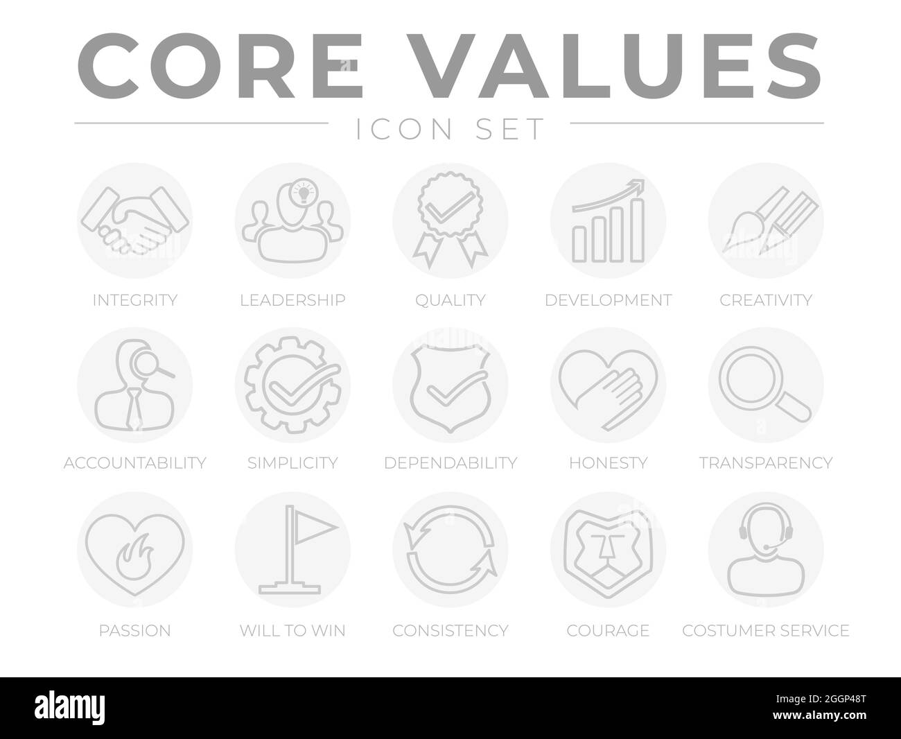 Company Core Values Round Outline Web Icon Set. Integrity, Leadership ...