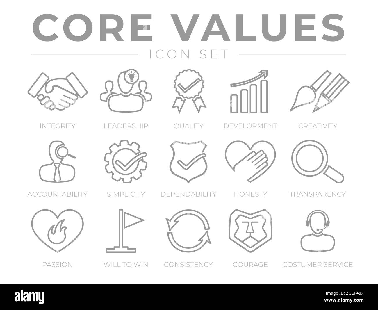 Company Core Values Outline Web Icon Set. Integrity, Leadership, Quality and Development ...