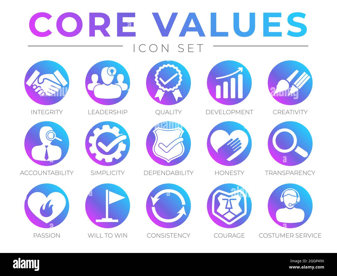 Neon Web Company Core Values Round Web Icon Set. Integrity, Leadership ...