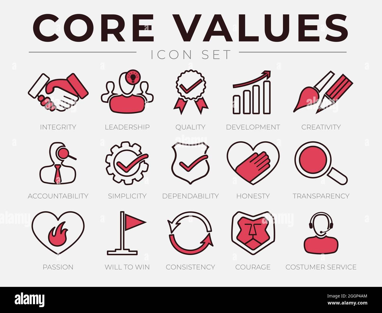 Core Values Retro Icon Set. Integrity, Leadership, Quality and ...