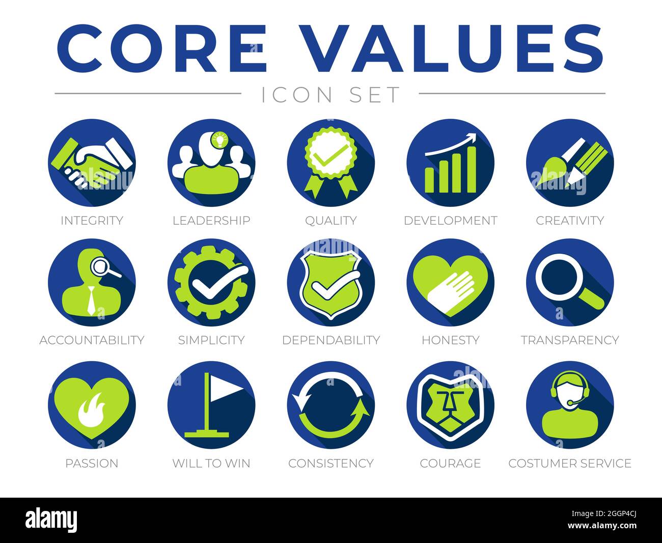Green Blue Company Core Values Round Web Icon Set. Integrity ...