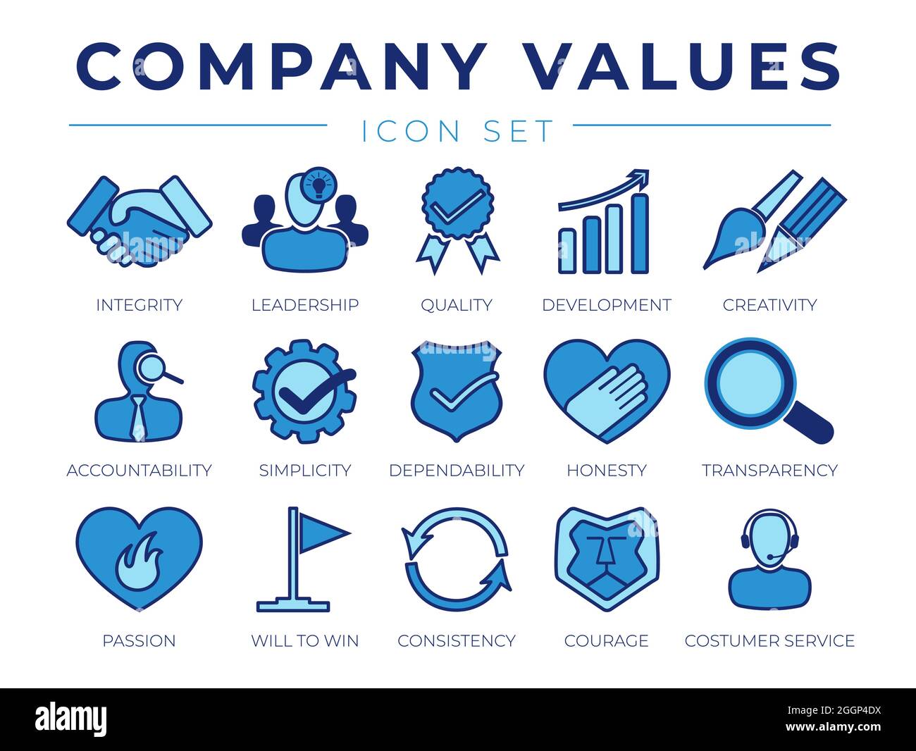 Core Values Retro Icon Set. Integrity, Leadership, Quality and ...