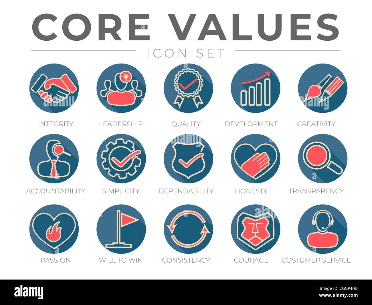 Company Core Values Round Flat Icon Set. Integrity, Leadership, Quality ...