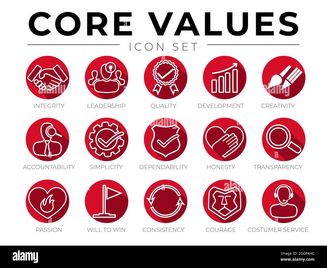 Company Core Values Red Round Flat Icon Set. Integrity, Leadership ...