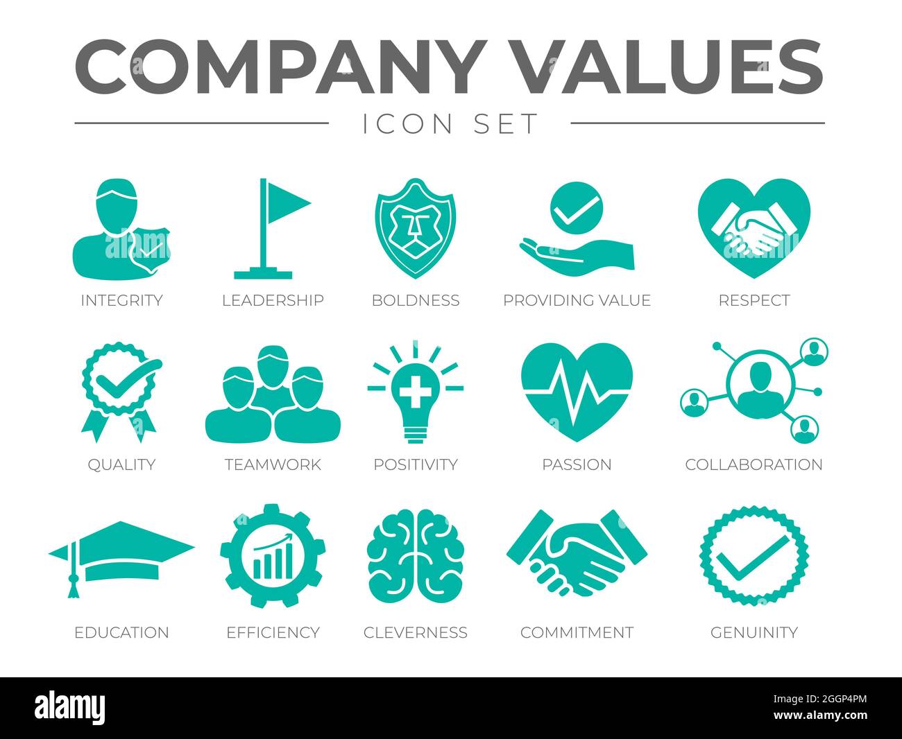 Business Company Values Icon Set. Integrity, Leadership, Boldness, Value, Respect, Quality ...