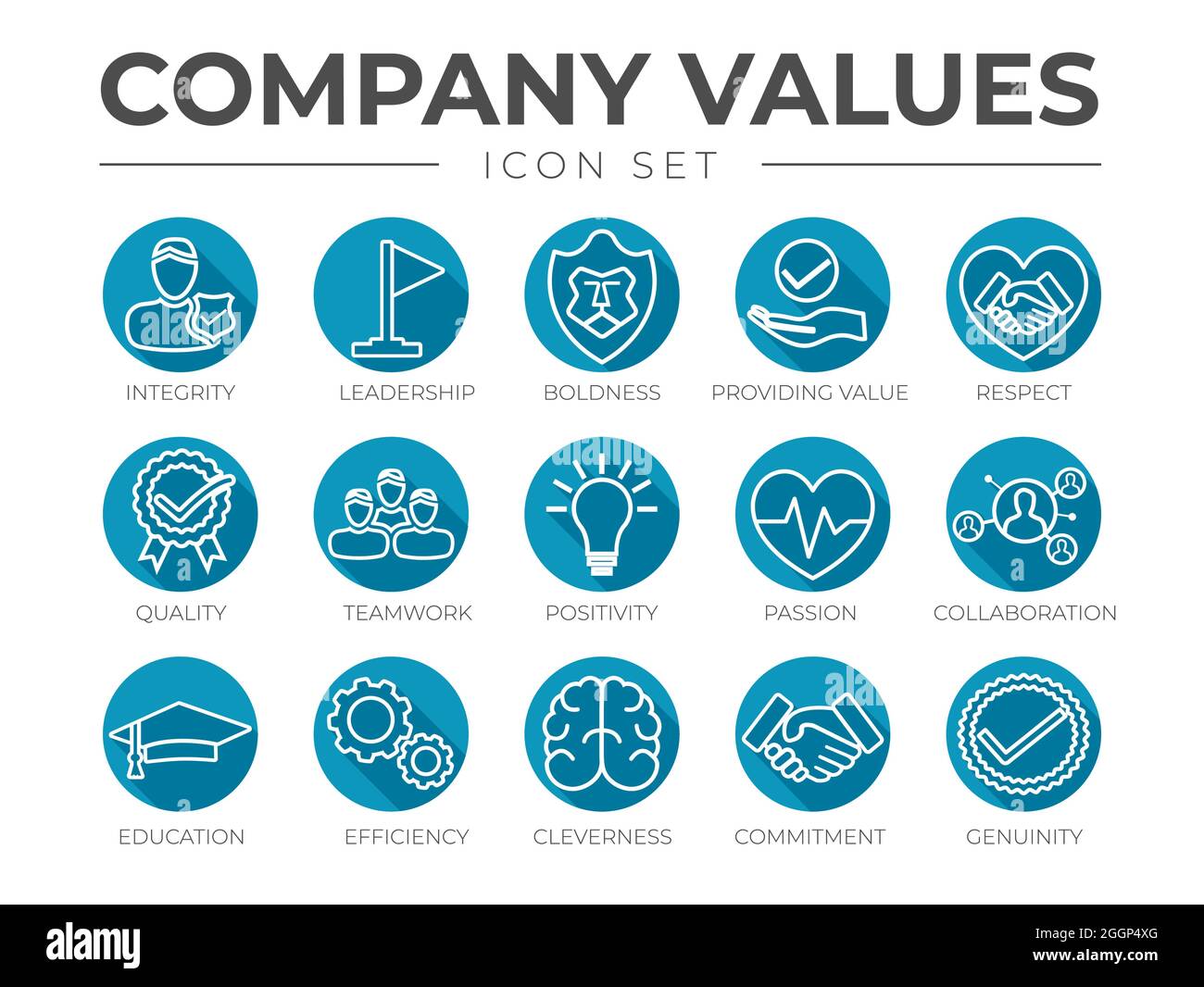 Business Company Values Round Outline Icon Set. Integrity, Leadership ...