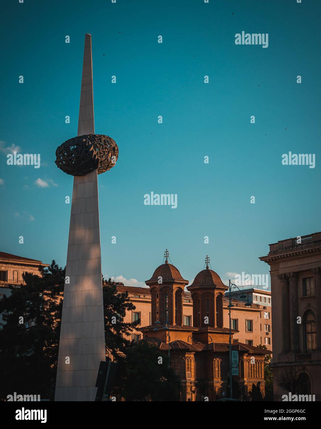 BUCHAREST, ROMANIA - May 13, 2021: The tall monument that looks like a ...