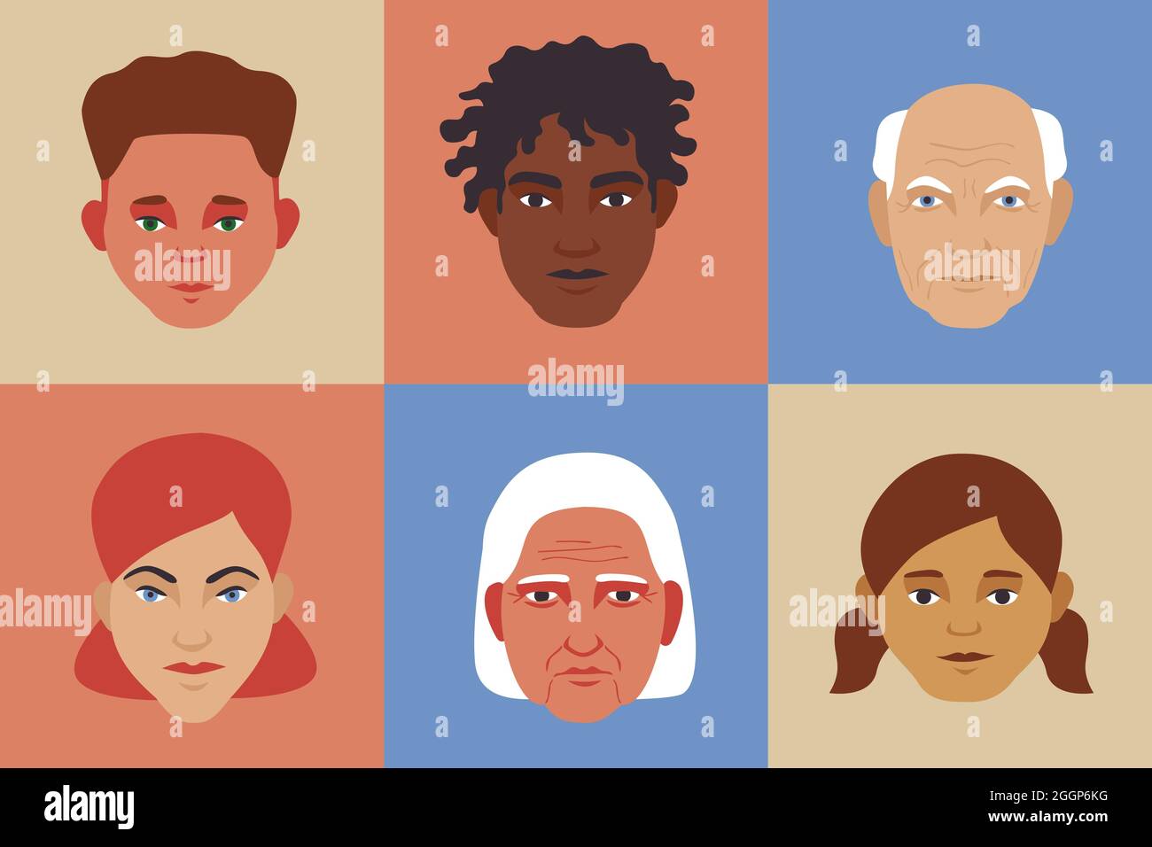Set of diverse people face avatars on color square background ...