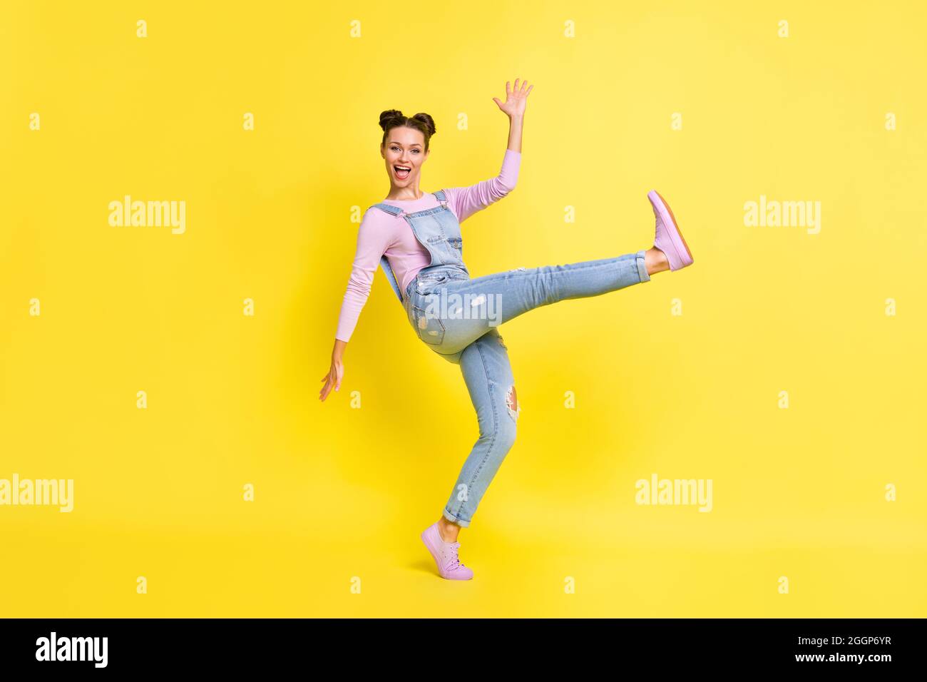 Photo of adorable crazy lady stand tiptoe dance raise hand open mouth ...