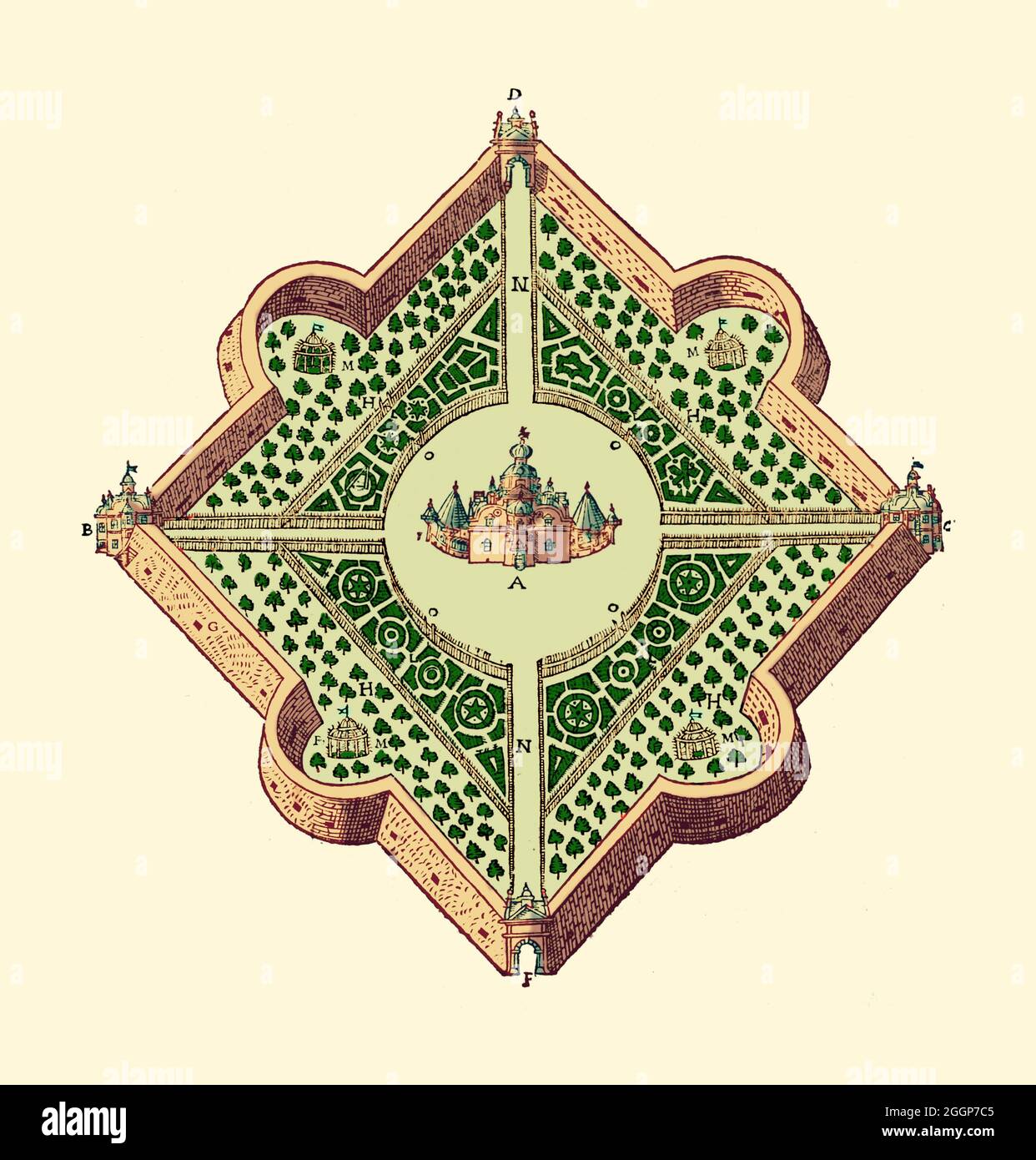Colorized engraving showing the design of Tycho Brahe's Uraniborg ...