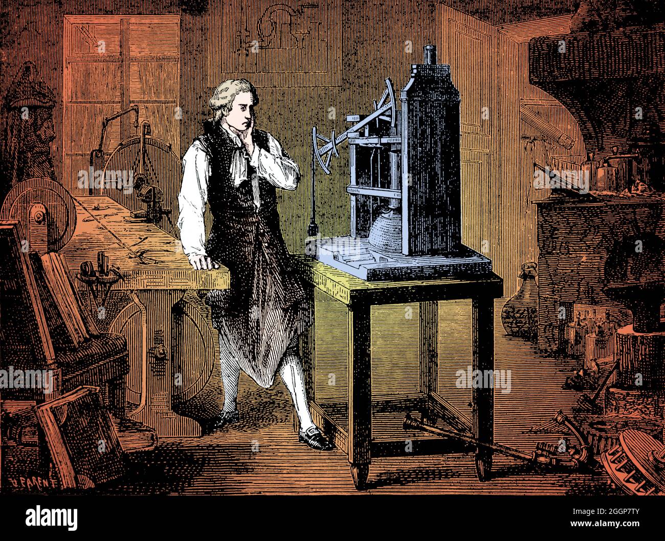 Colorized historical illustration of James Watt (January 30, 1736 - August 25, 1819), Scottish ...