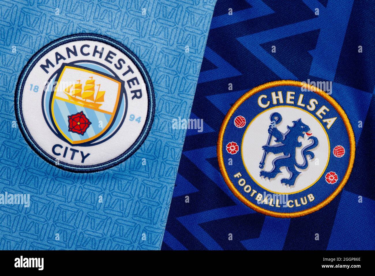 Close up of Manchester City & Chelsea FC club crest Stock Photo - Alamy