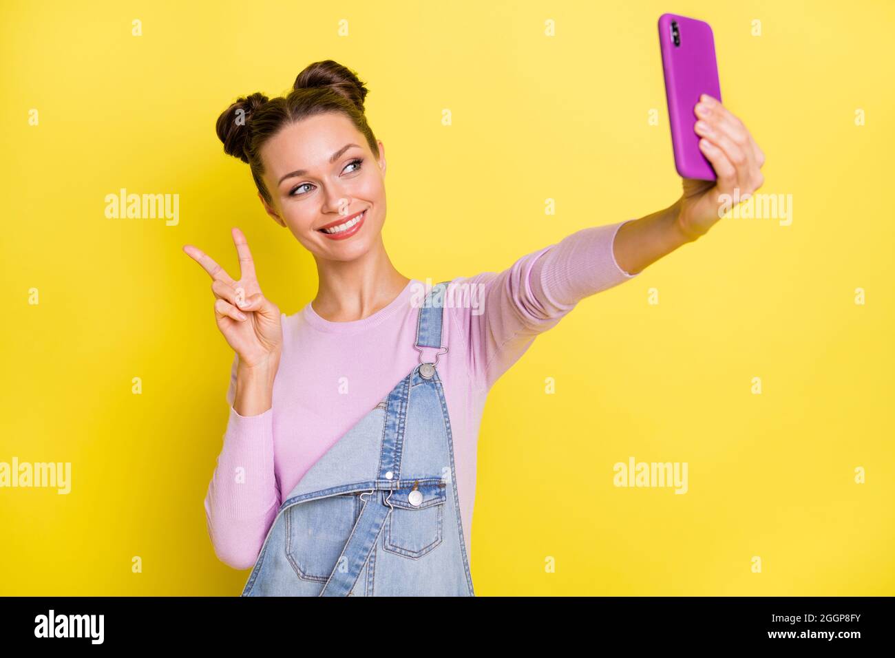 Photo of shiny charming woman wear denim overall tacking selfie modern ...