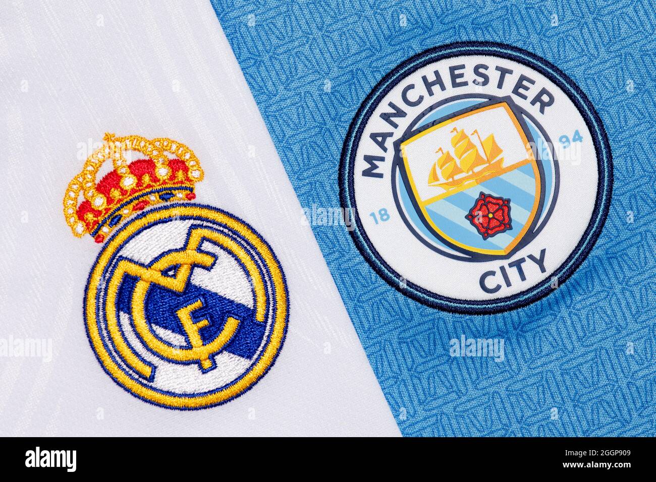 Close up of Manchester City & Real Madrid club crest Stock Photo - Alamy