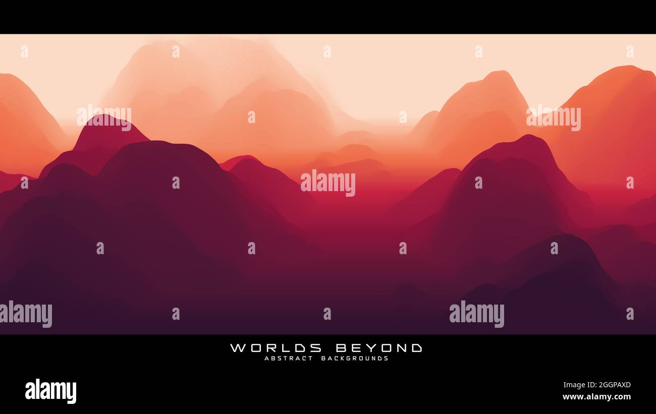 Fog over mountains. Vector landscape panorama. Abstract red gradient ...