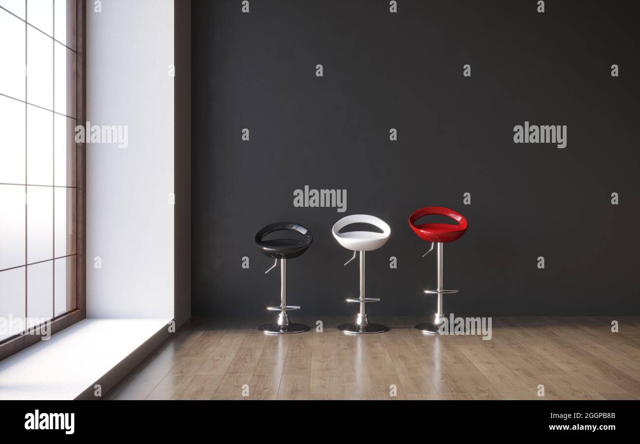3d visualization of a bar stool in a minimalist interior, 3D ...