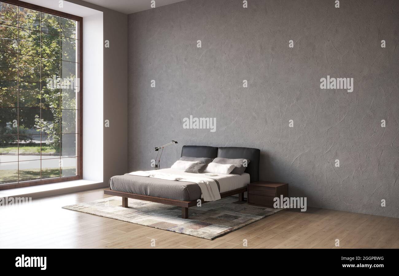 3d visualization of a double bed with bedside tables in a minimalistic ...