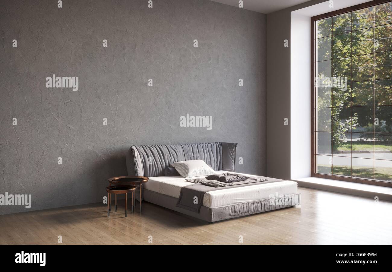 3d visualization of a double bed with bedside tables in a minimalistic ...