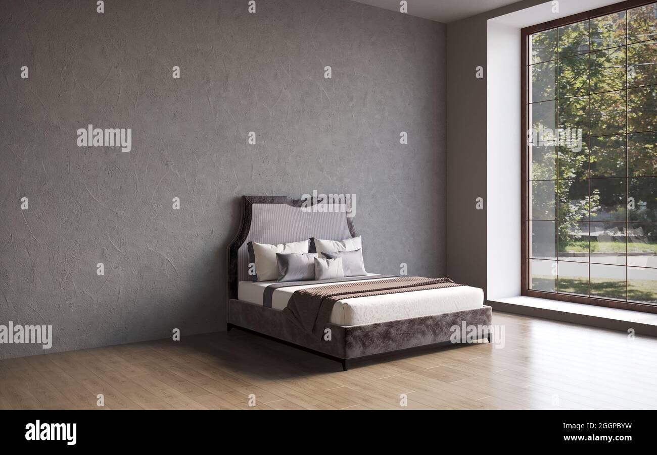 3d visualization of a double bed with bedside tables in a minimalistic ...