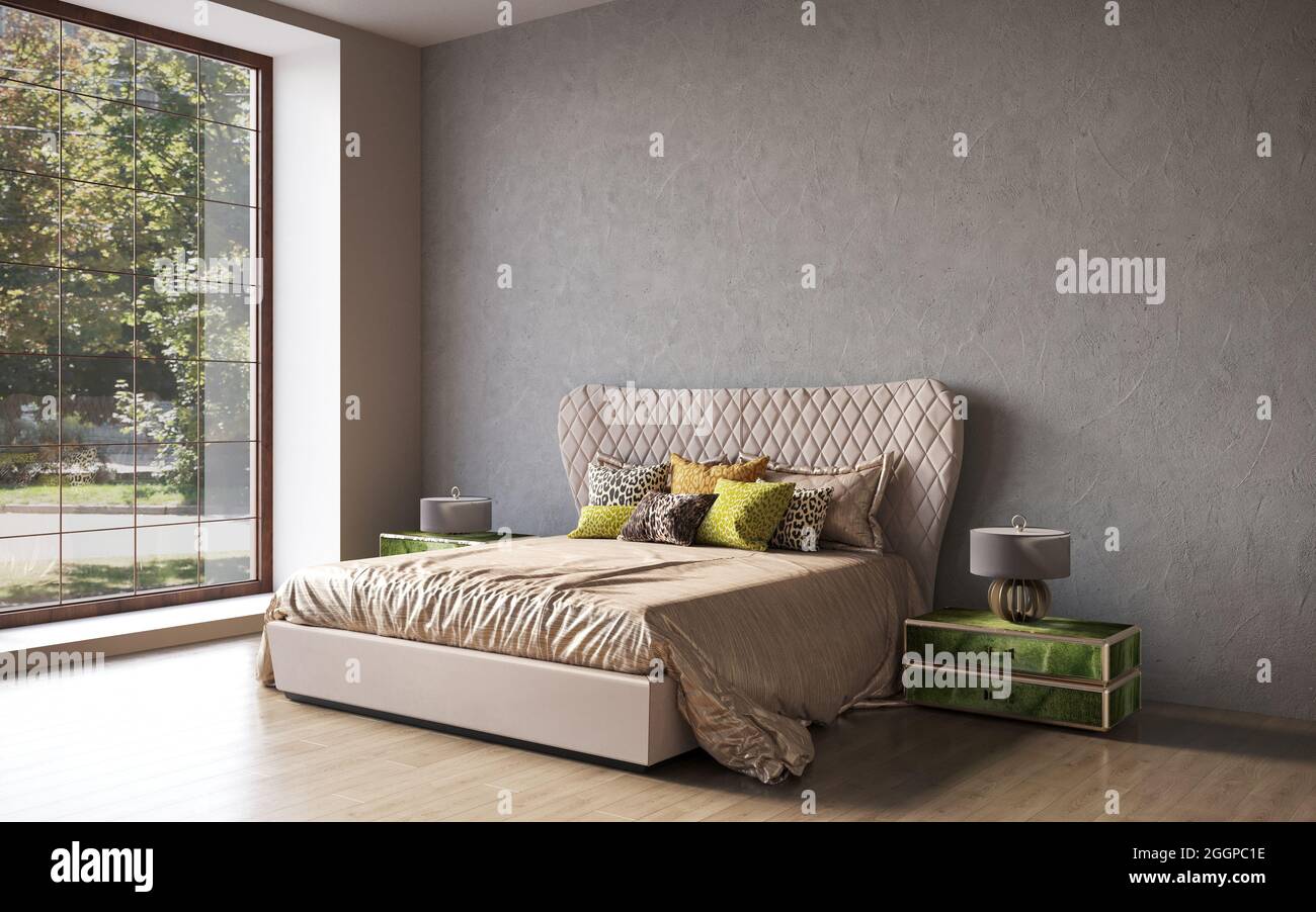 3d visualization of a double bed with bedside tables in a minimalistic ...