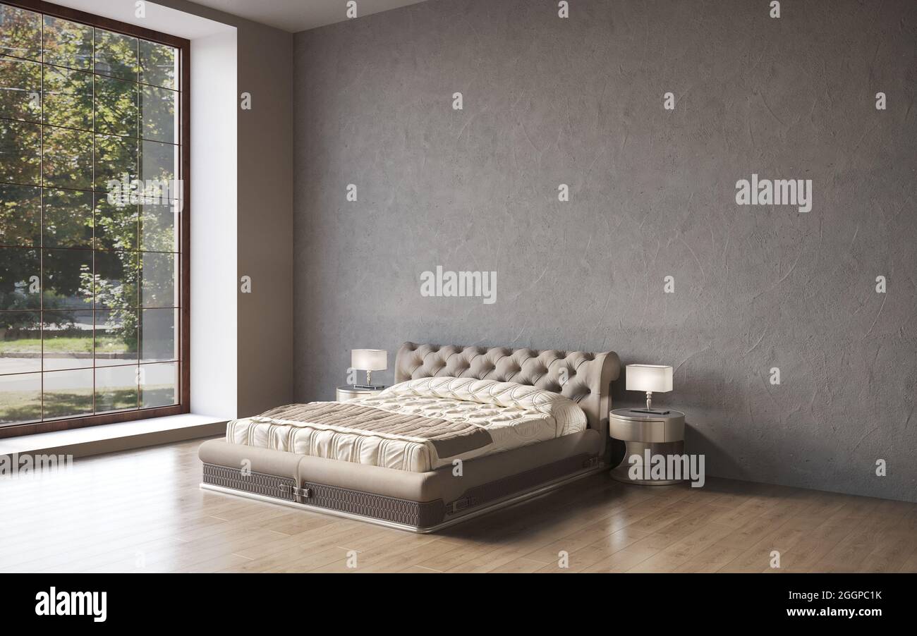 3d visualization of a double bed with bedside tables in a minimalistic ...