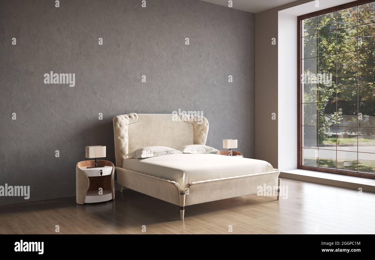 3d visualization of a double bed with bedside tables in a minimalistic ...