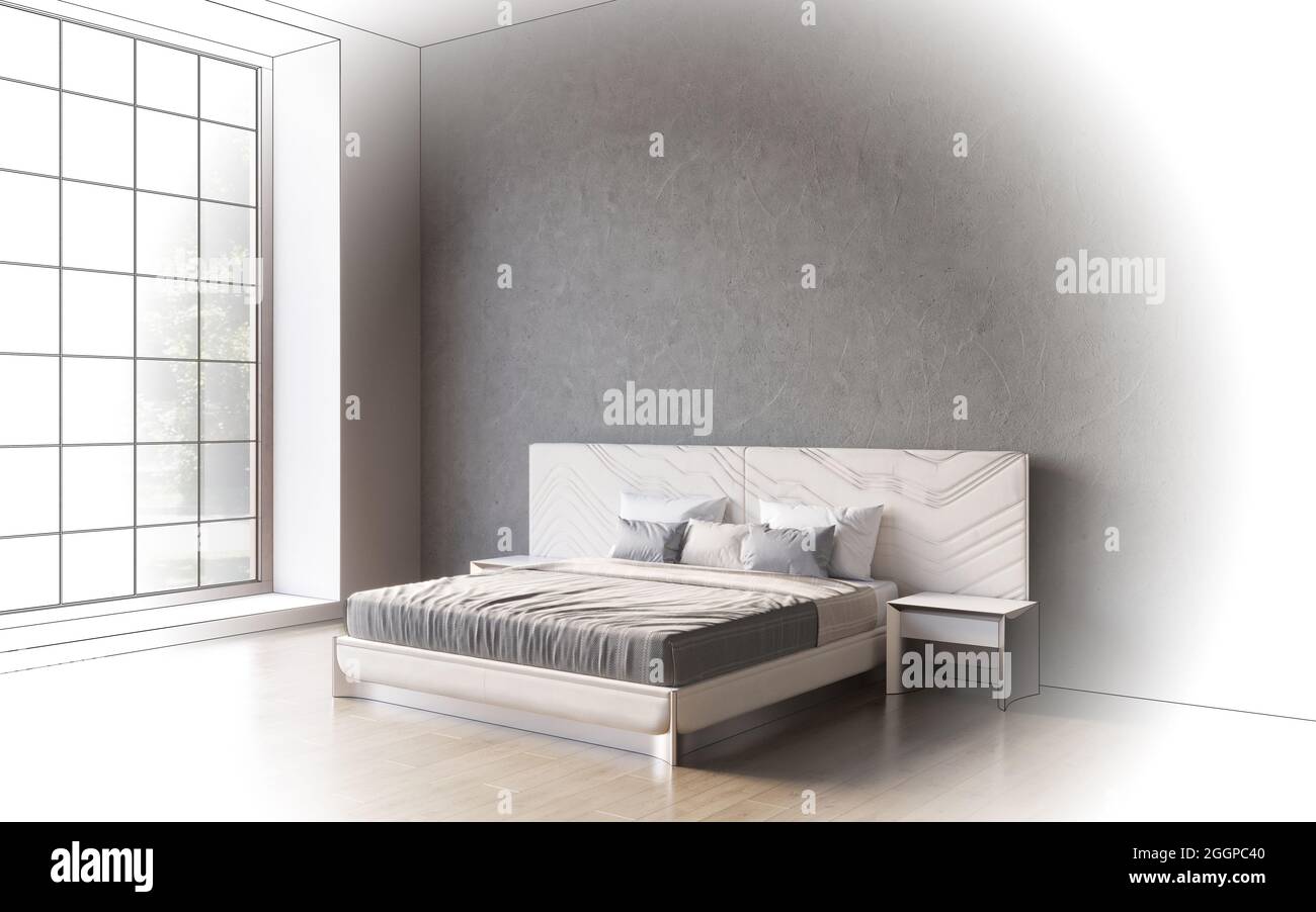 3d visualization of a double bed with bedside tables in a minimalistic ...
