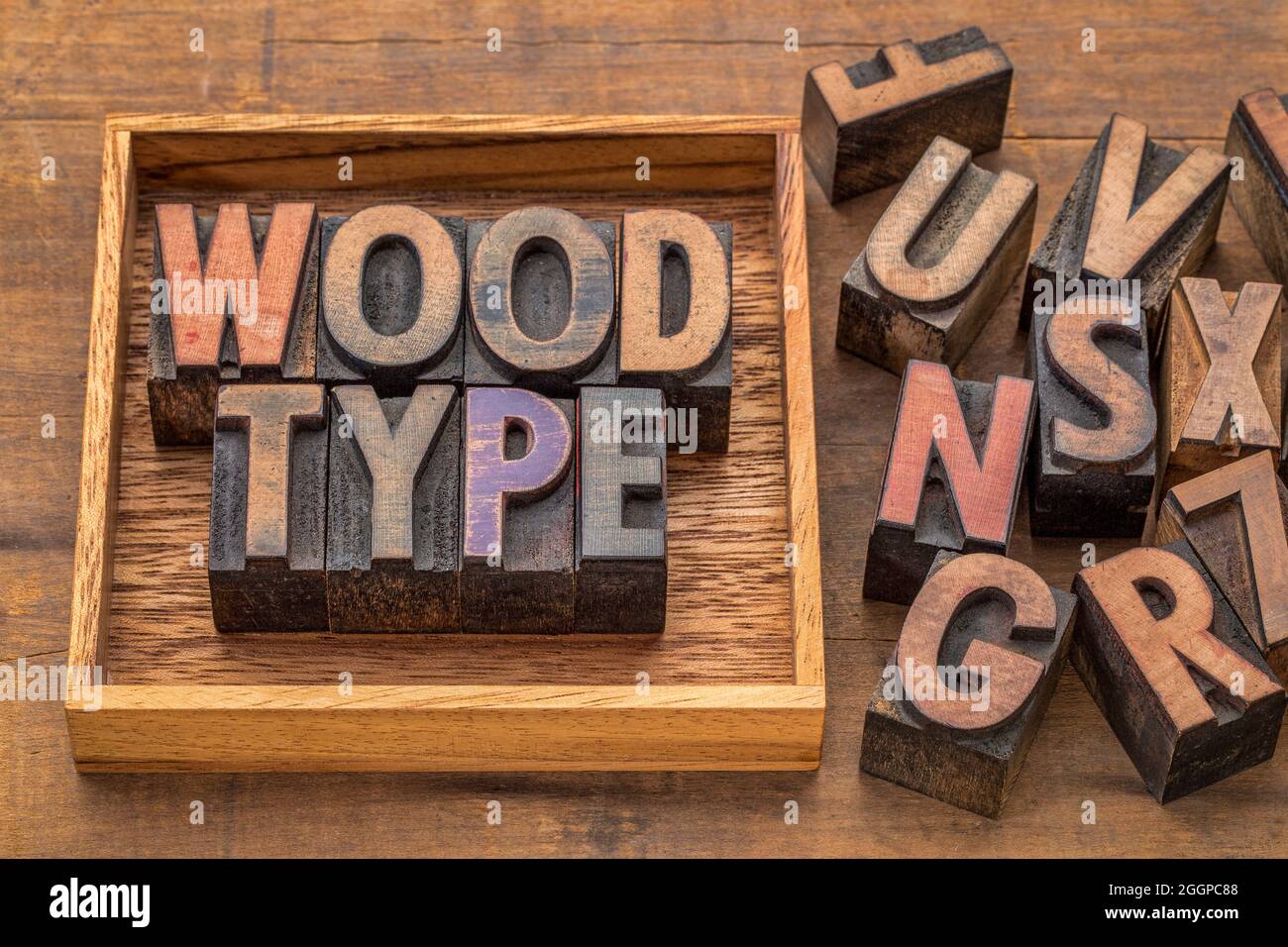 wood type word abstract in vintage letterpress printing blocks with a ...