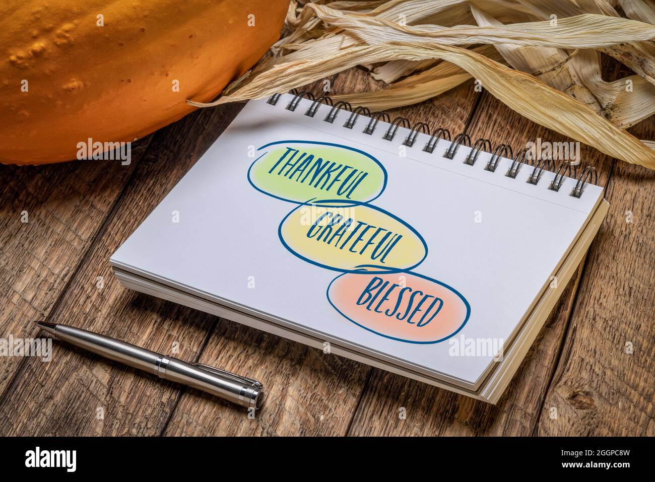 thankful, grateful, blessed inspirational words - handwriting in a ...
