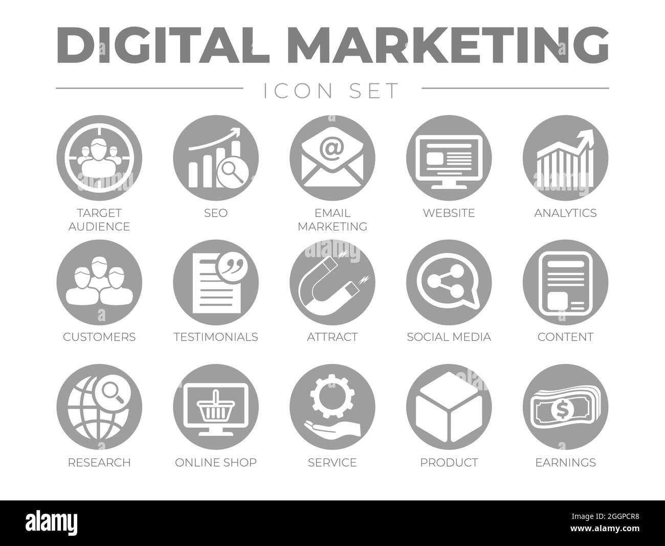 Round Digital Marketing Icon Set. Target Audience, SEO, Email Marketing ...