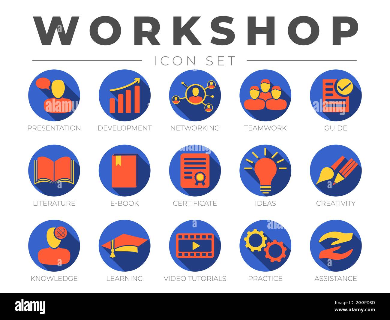 Round Workshop Icon Set. Presentation, Development, Networking ...