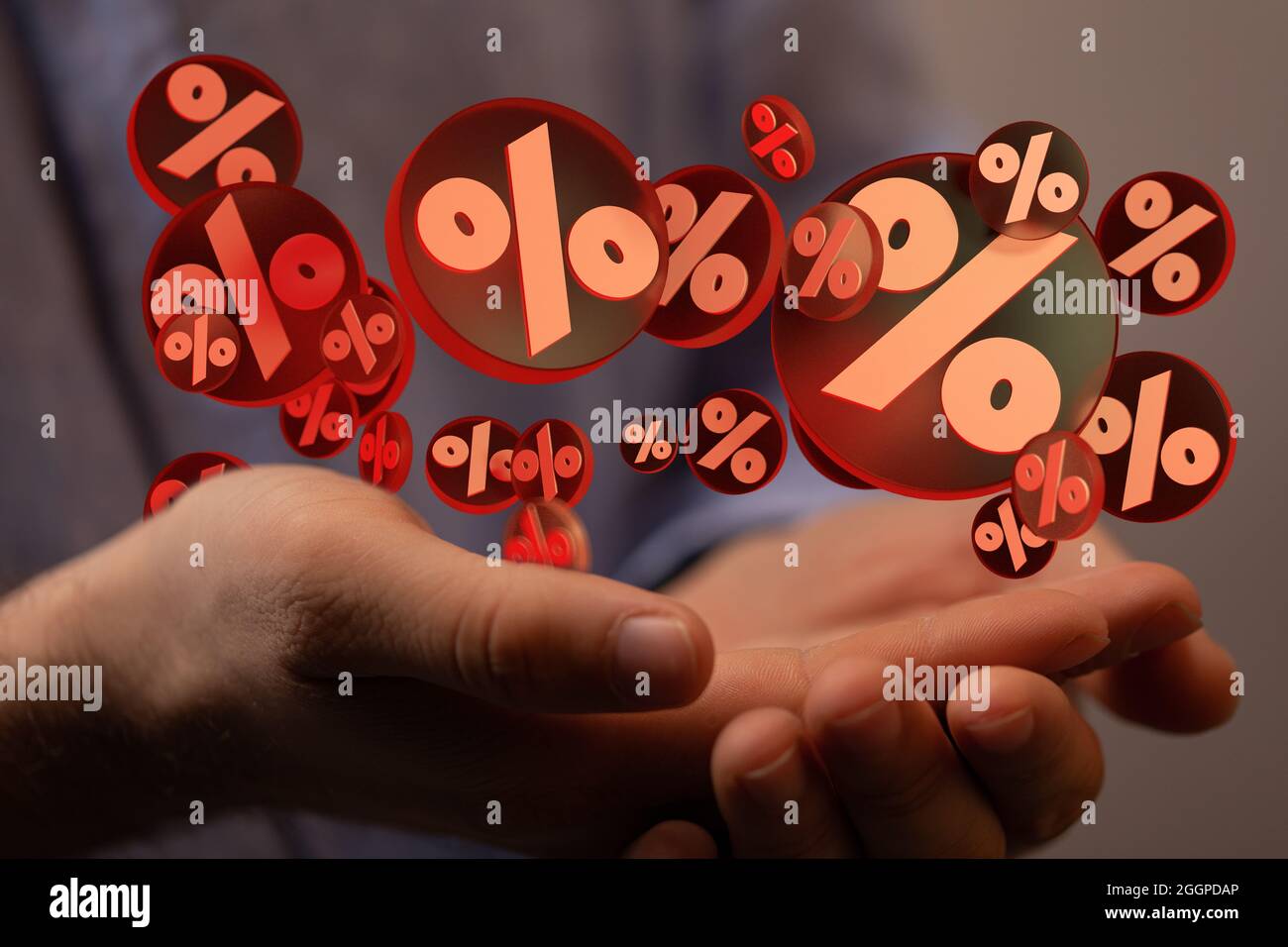 3D rate/percent signs above hands Stock Photo - Alamy