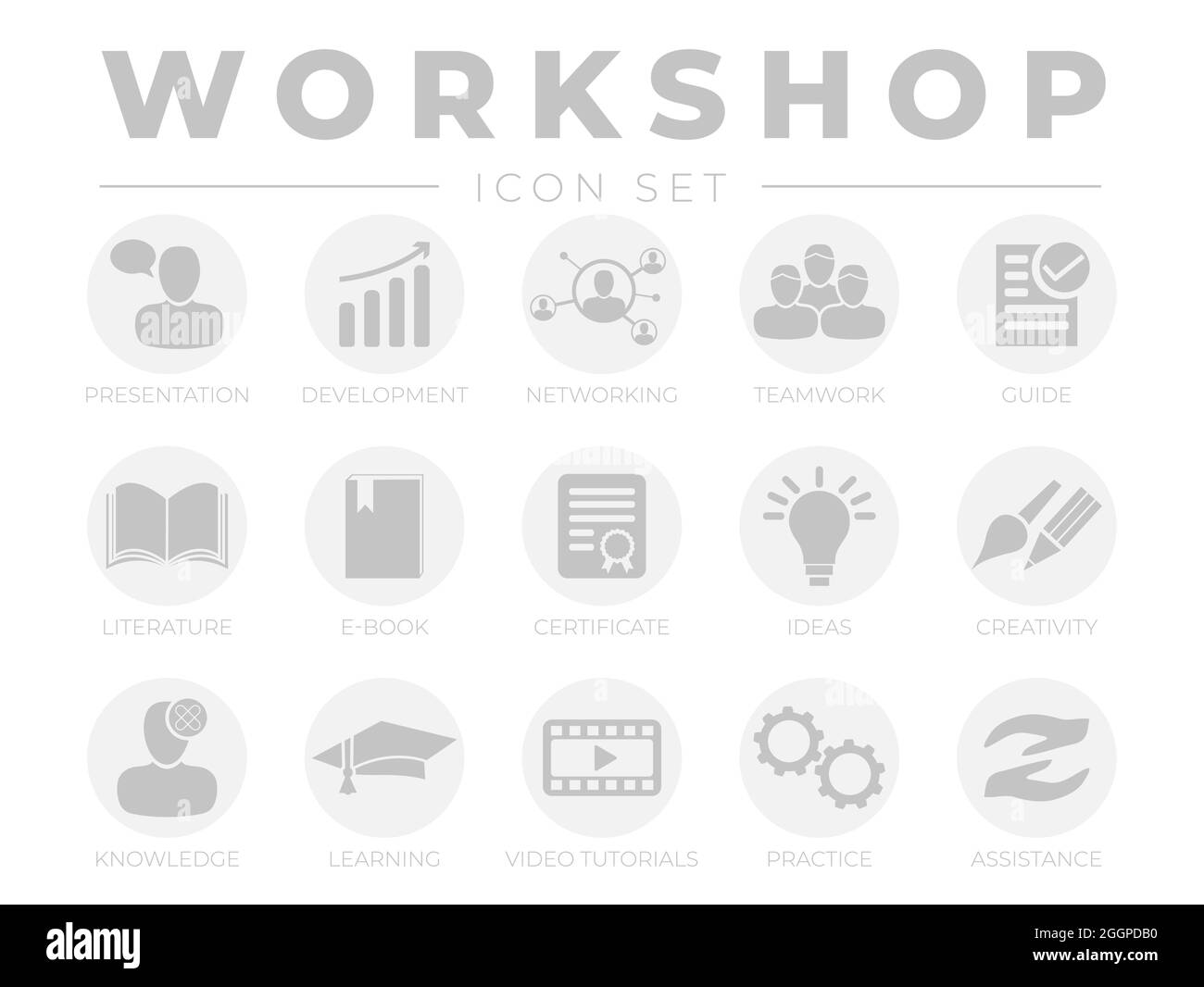 Round Gray Workshop Icon Set. Presentation, Development, Networking, Teamwork, Guide, Literature ...