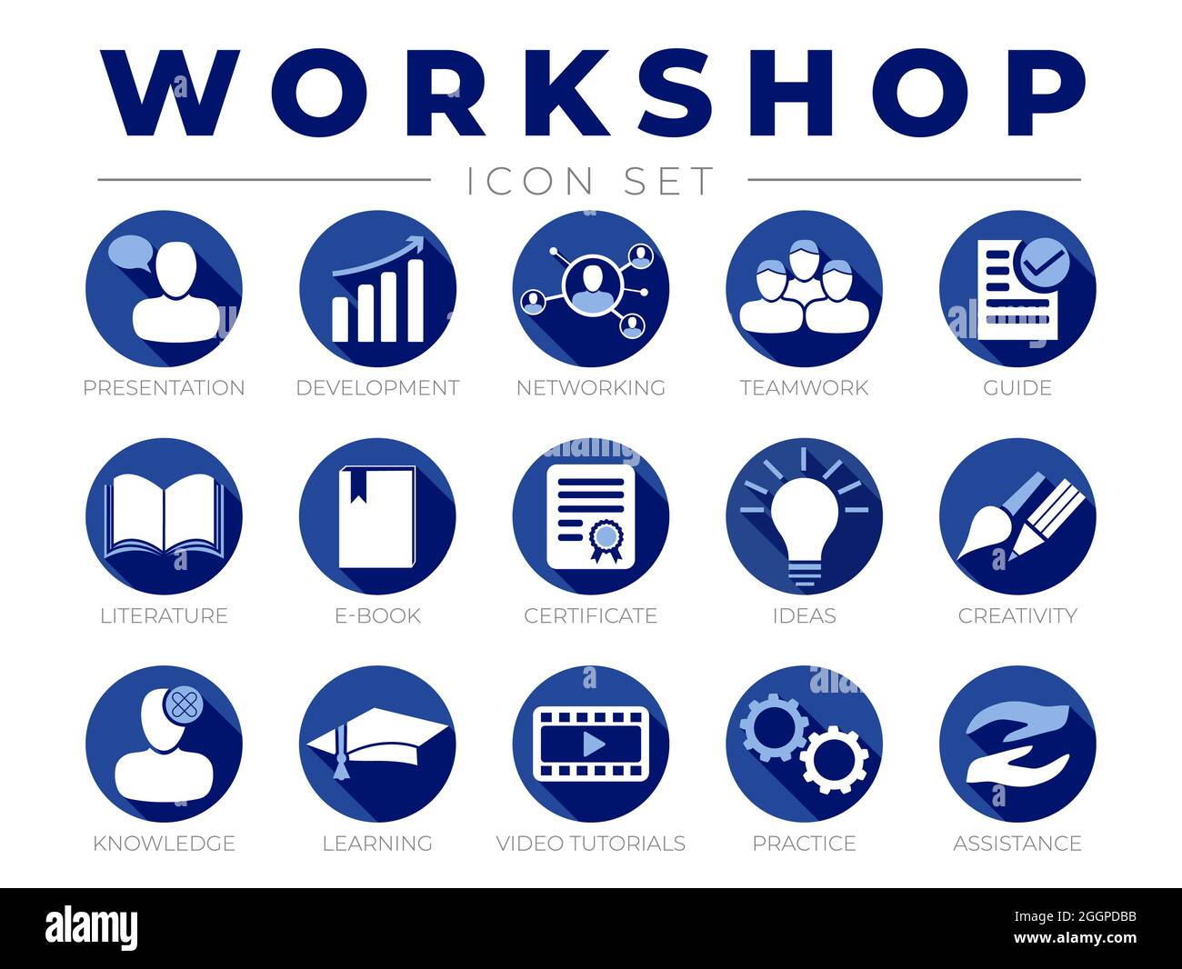 Round Workshop Icon Set. Presentation, Development, Networking ...