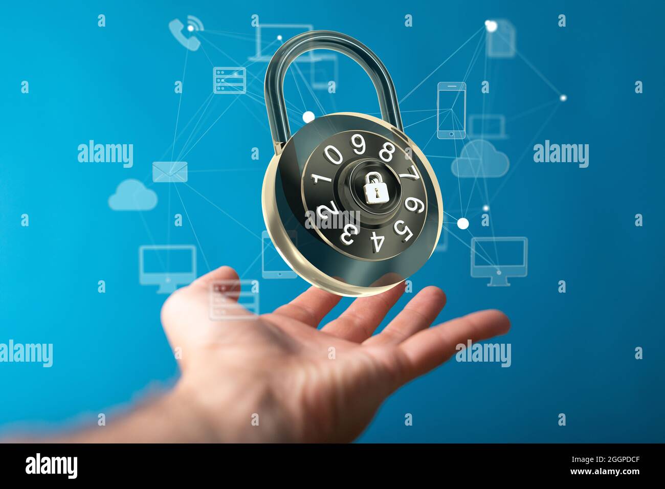 Floating 3D padlock above a male's hand - cybersecurity concept Stock Photo - Alamy