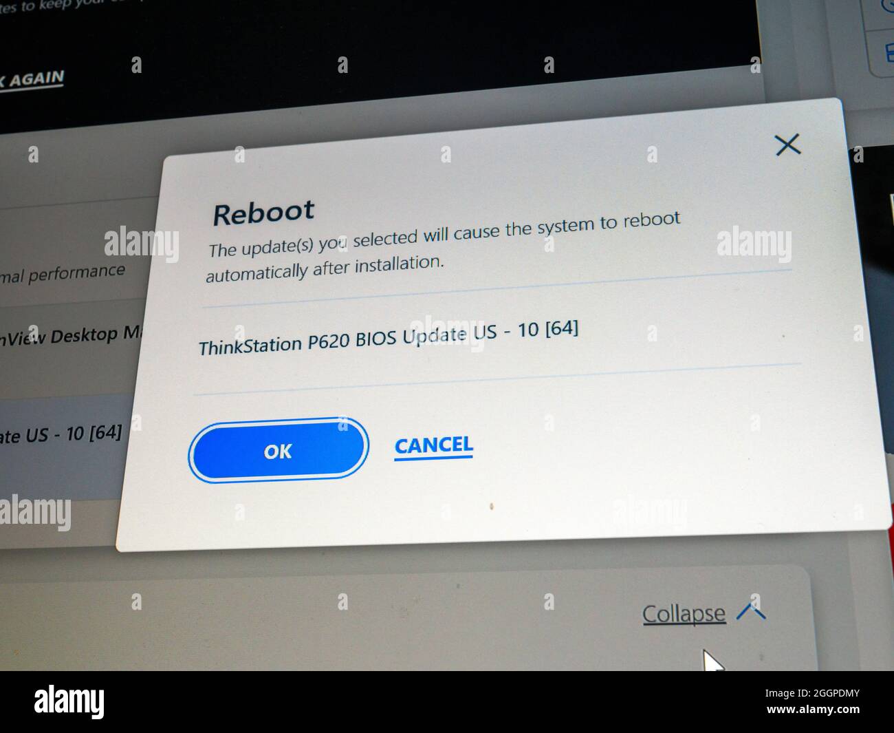 Computer display screen with Reboot message after installation of the ...