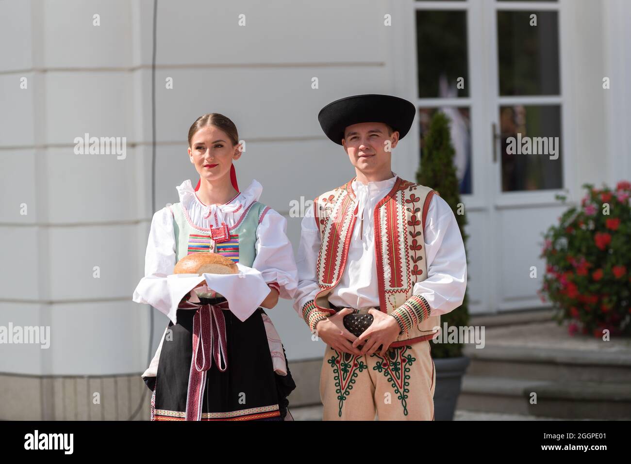 Young couple dressed in traditional folk costume from Slovakia prior ...
