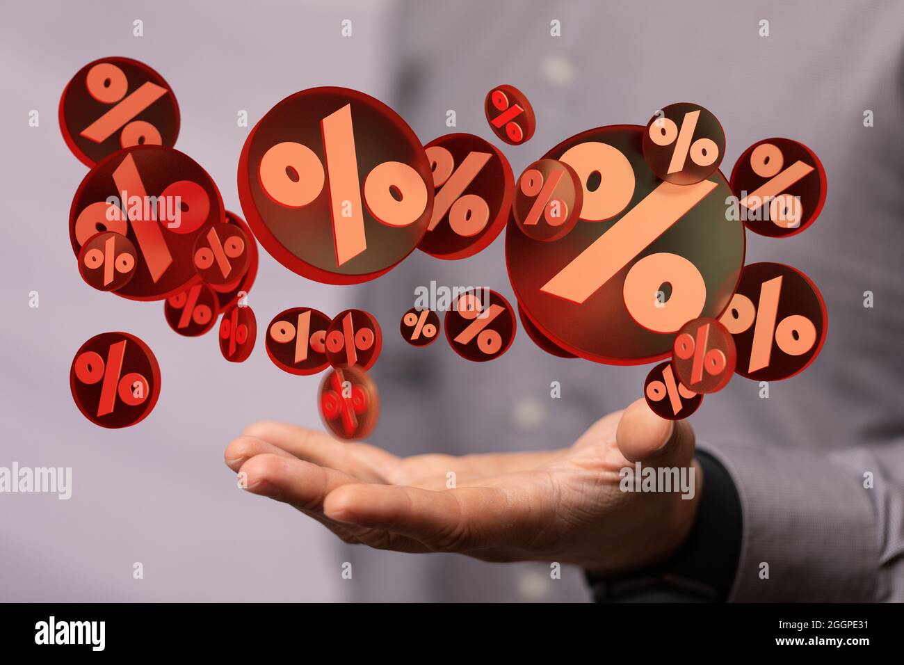 3D rate/percent signs above a hand Stock Photo - Alamy