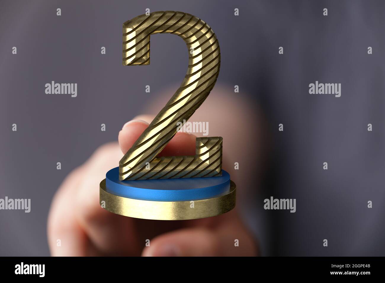 Finger touching a floating 3D second place award Stock Photo - Alamy