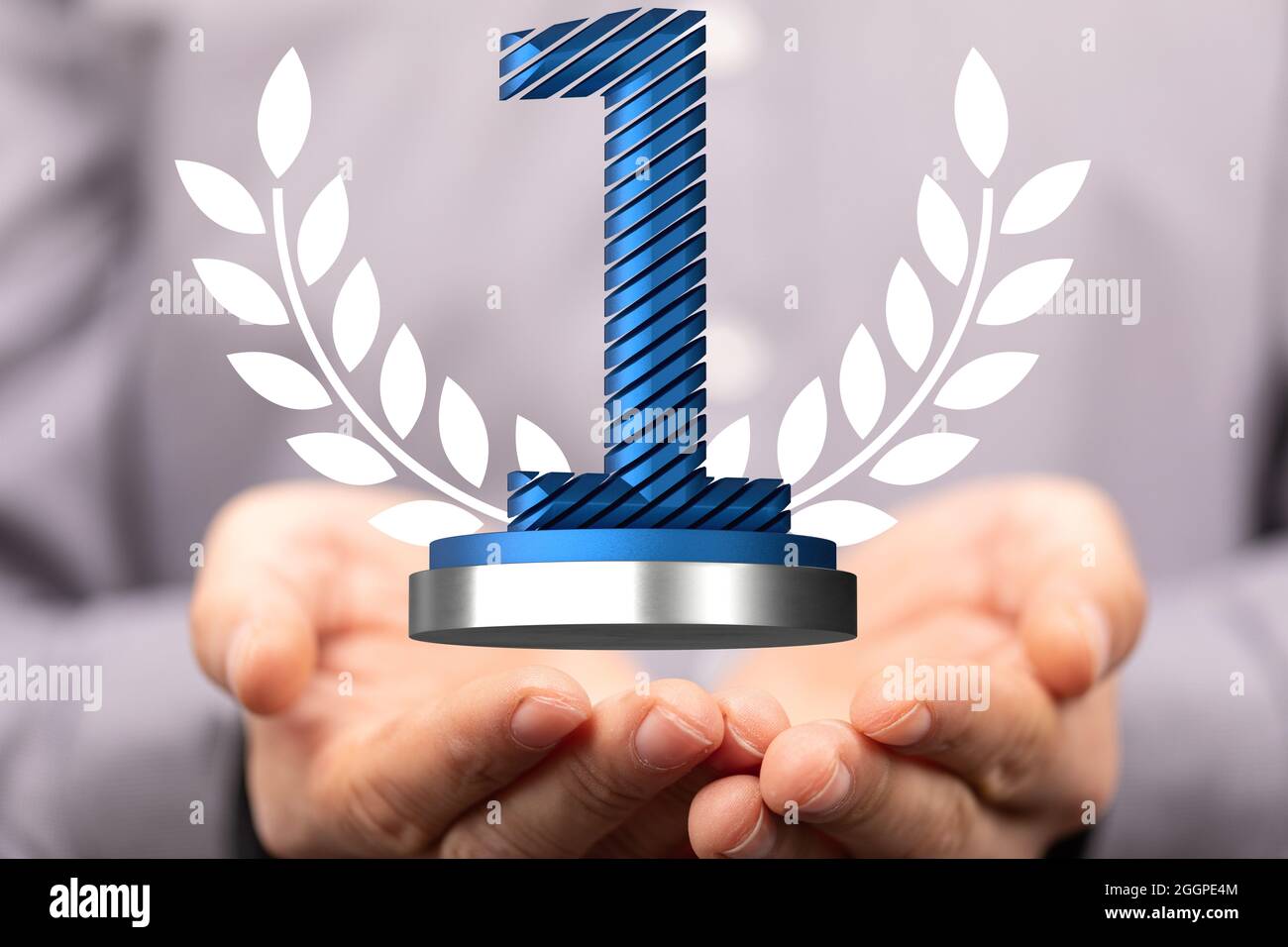 Floating 3D first place award above hands Stock Photo - Alamy