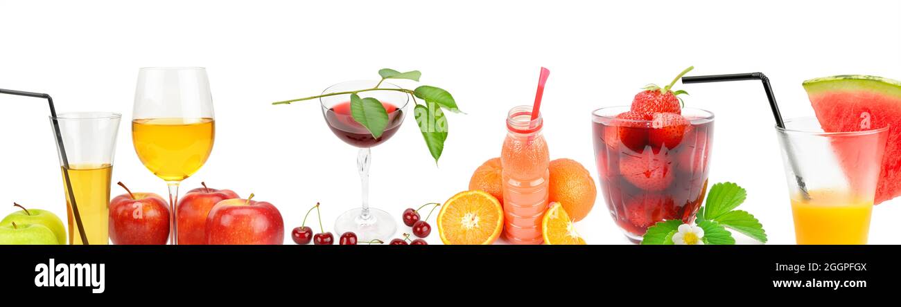 Panoramic collection fresh juice from fruit in the glass isolated on ...