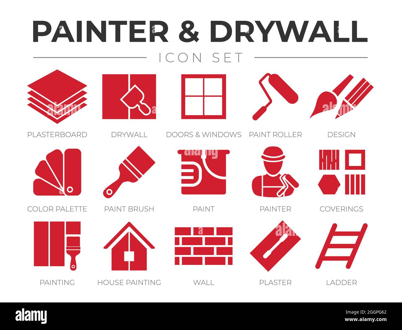 Red Painter and Drywall Icon Set with Plasterboard, Paint Roller, Brush ...