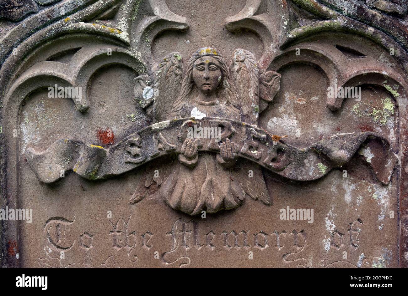 Detail of an old gravestone with an angel holding a scroll with "Sacred ...