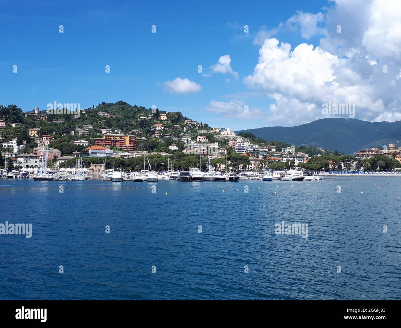 High angle shot of a bay with small ships in blue waters and urban ...
