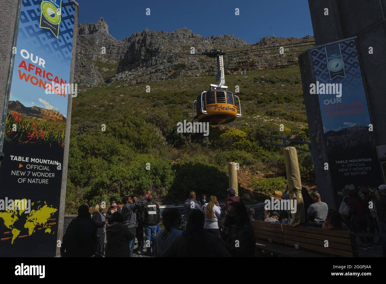 The Table Mountain cableway arrives at the base station in Cape Town ...