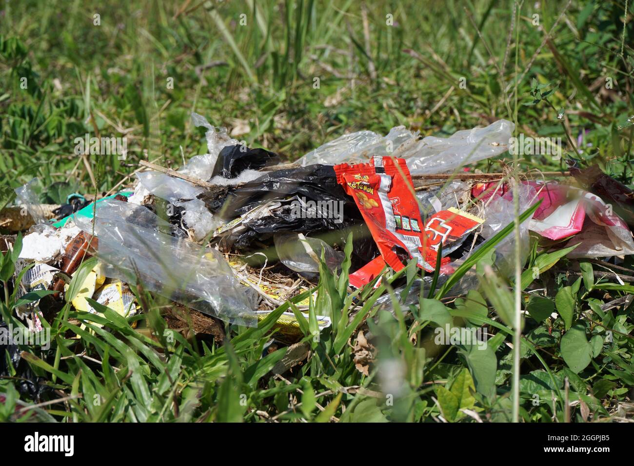 The garbage in the river with rock background Stock Photo - Alamy