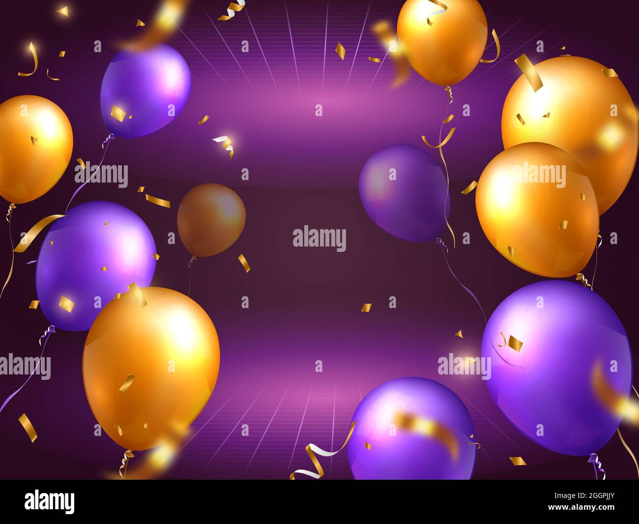 Elegant golden yellow purple ballon and party popper ribbon perspective ...