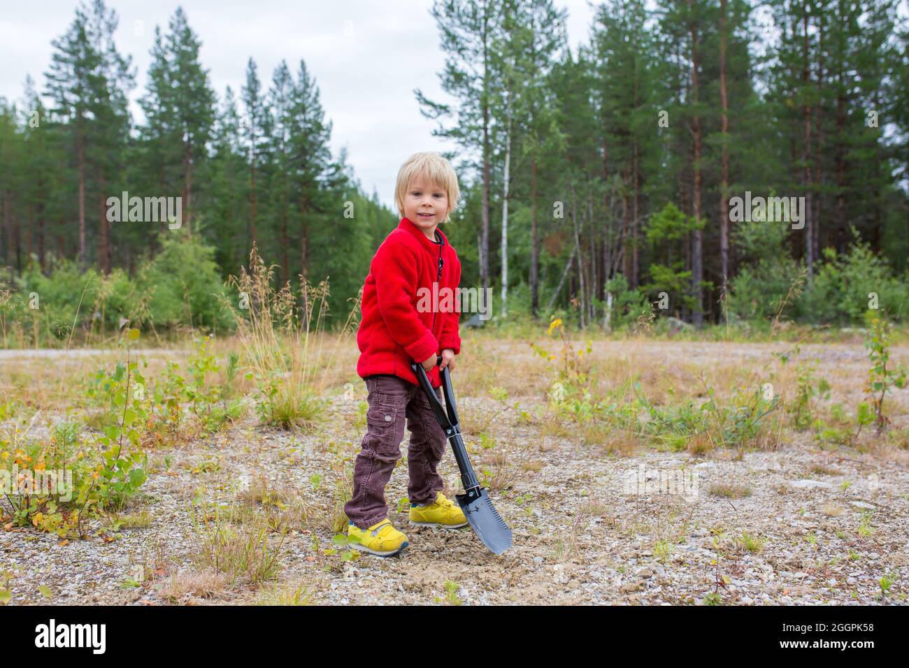 Cute child, digging a hole, cleaning after himself on a wild camping in ...