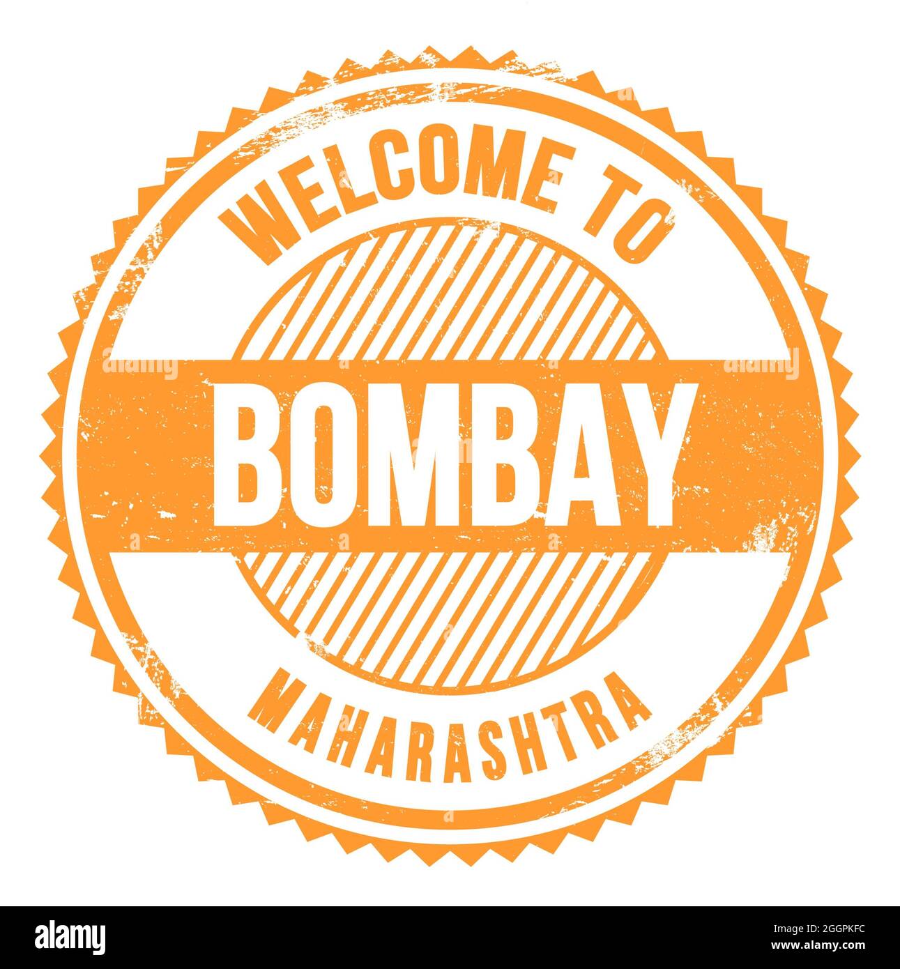 WELCOME TO BOMBAY - MAHARASHTRA, words written on orange zig zag stamp ...