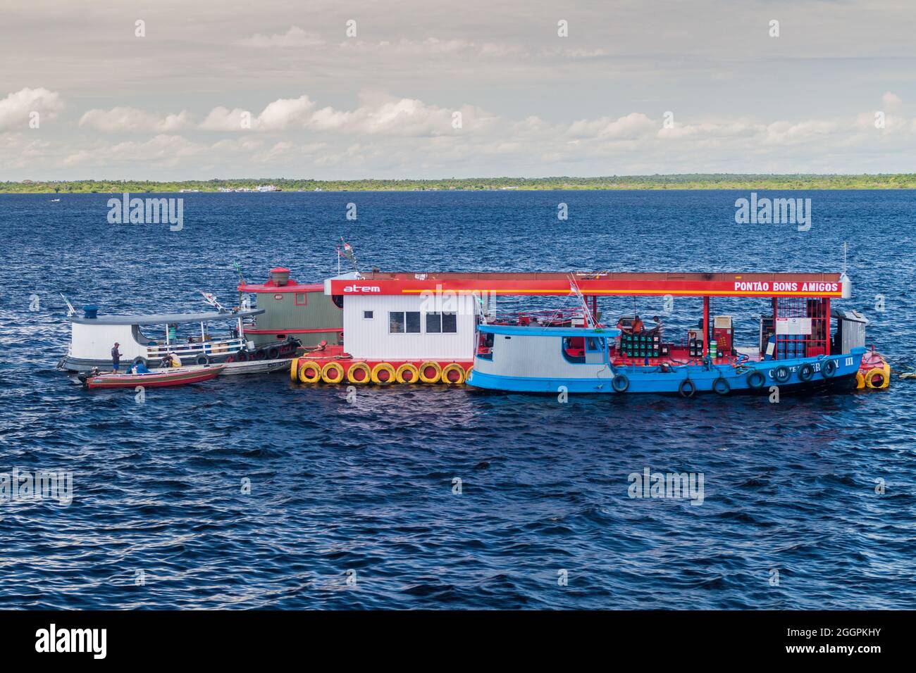 MANAUS, BRAZIL - JULY 27, 2015: Floating gas station at Manaus port ...